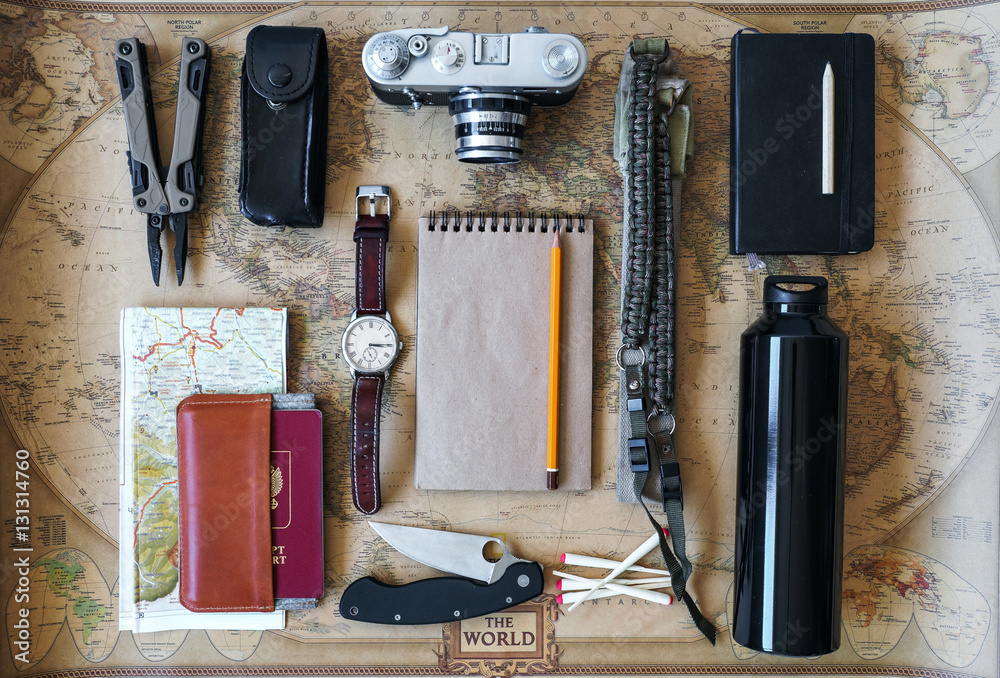 Outfit of traveler. Overhead of essentials for tourist. Set of items ...
