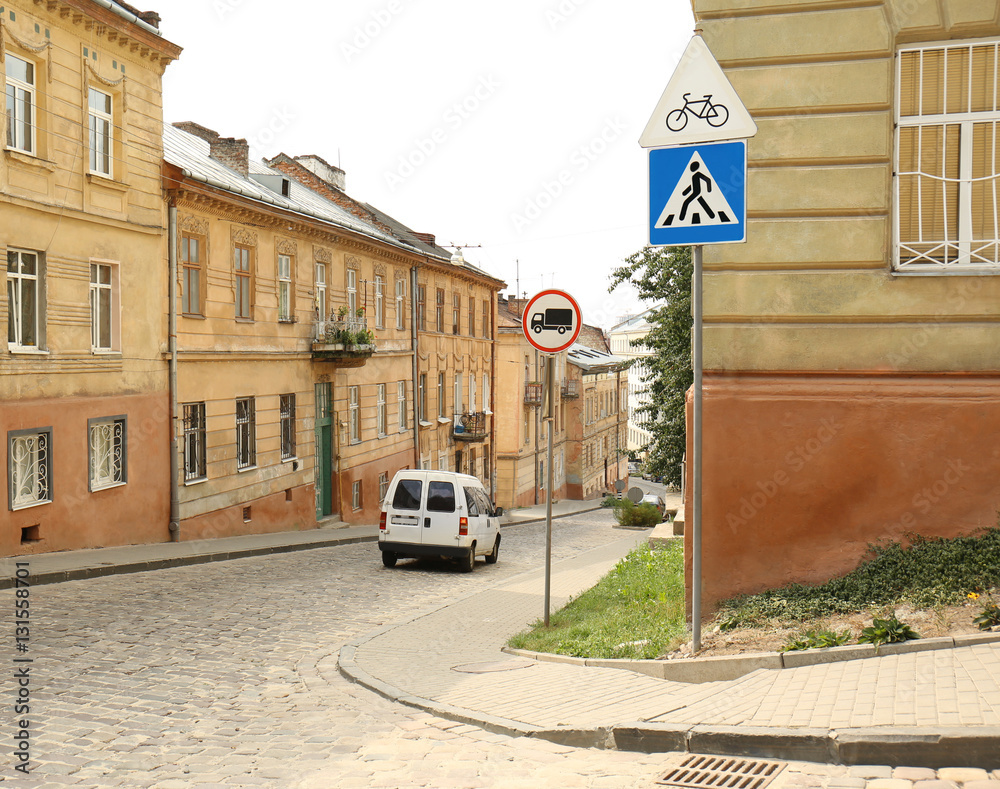 Road signs of crosswalk and bicycle lane Stock Photo | Adobe Stock