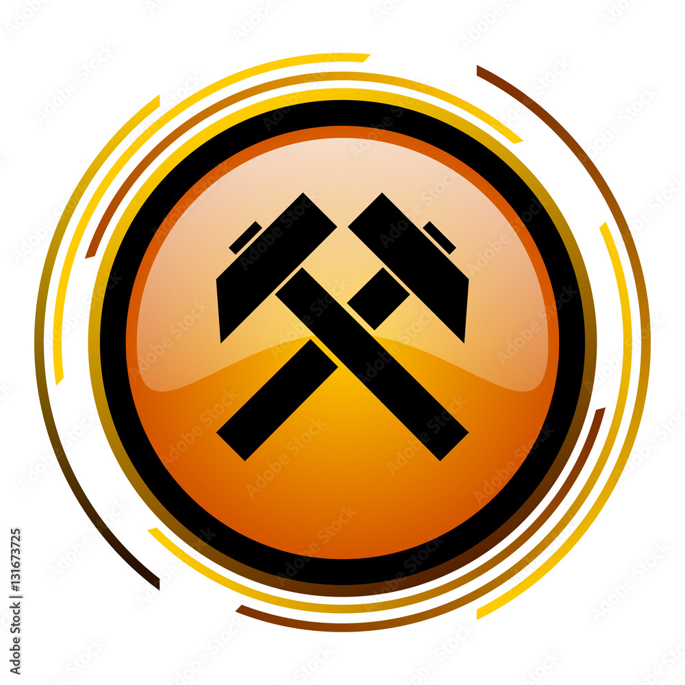 Mining vector icon. Modern design round orange button isolated on white ...