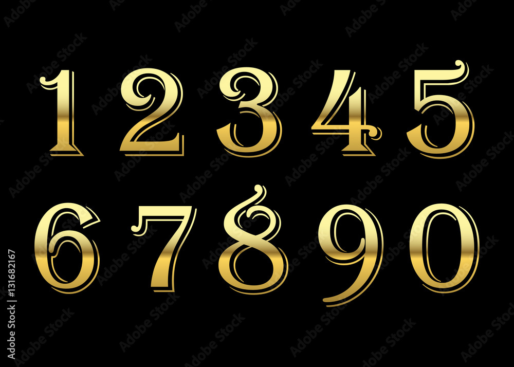 Gold numbers set. Golden metallic font, isolated on black background ...