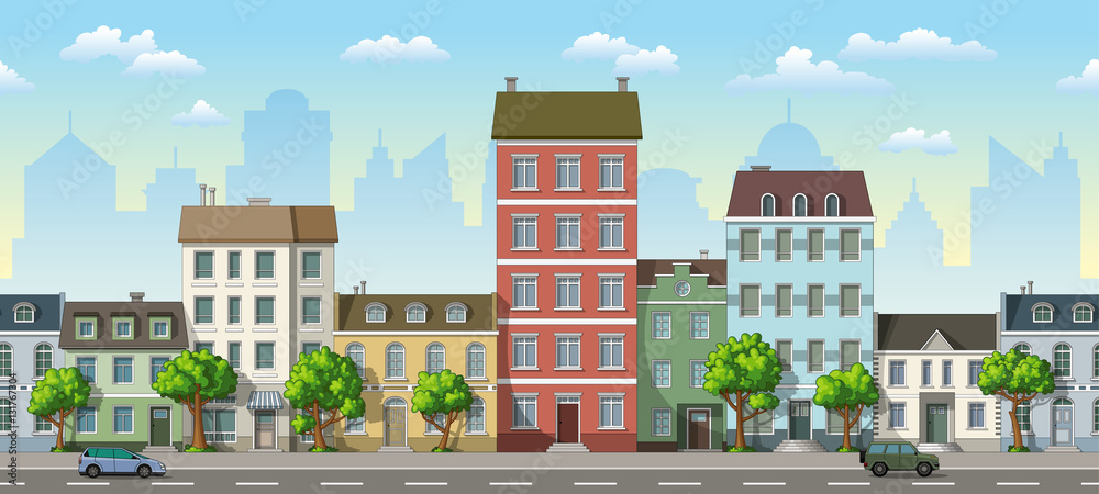 Seamless cityscape cartoon background with cars Stock Vector | Adobe Stock