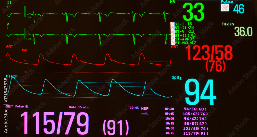 Monitor with EKG with significant sinus bradycardia (green line ...