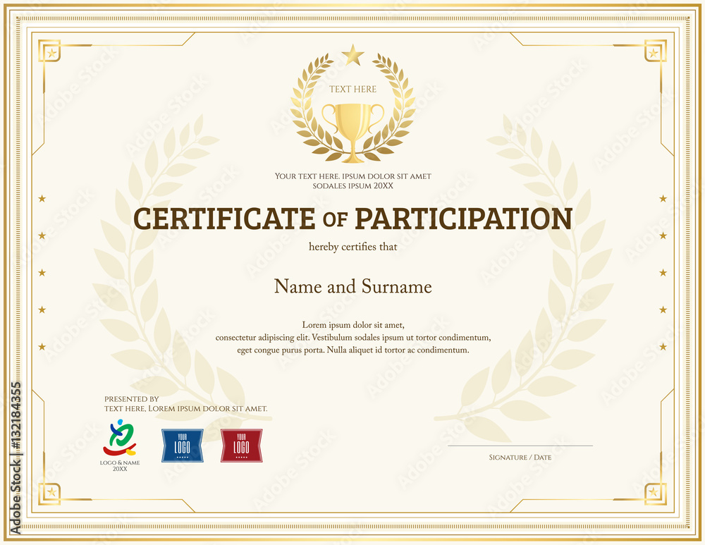 Certificate of participation template in gold theme with trophy Stock ...