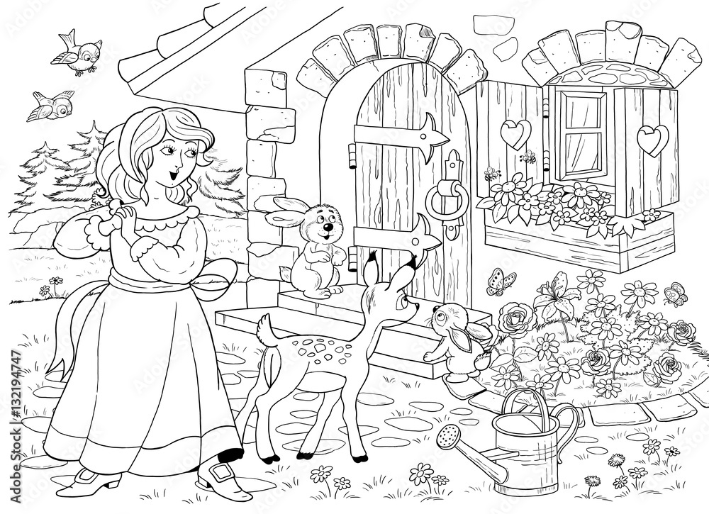 The Snow White and seven dwarfs. Fairy tale. Coloring book. Coloring ...