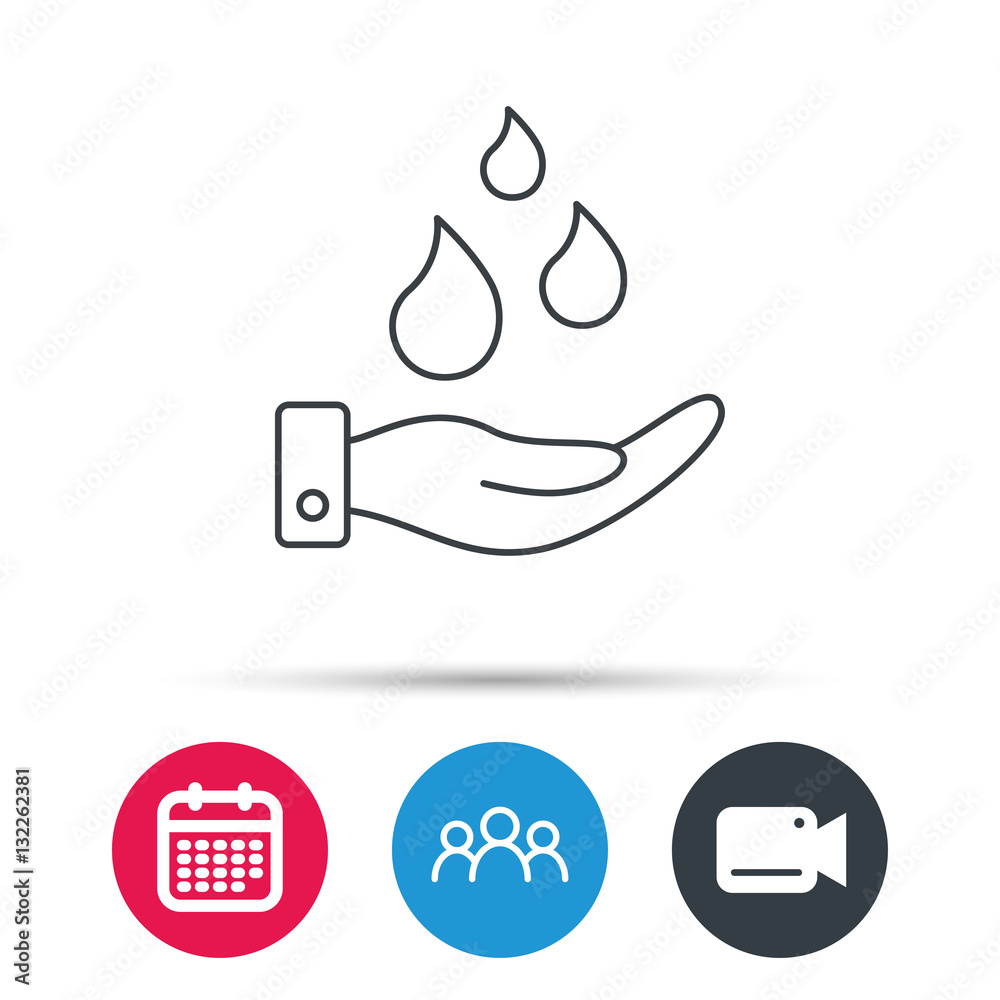 Save water icon. Hand with water drops sign. Ecology environment symbol ...