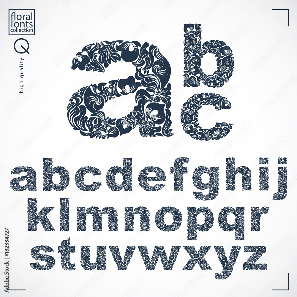 Floral font, hand-drawn vector lowercase alphabet letters decora Stock ...