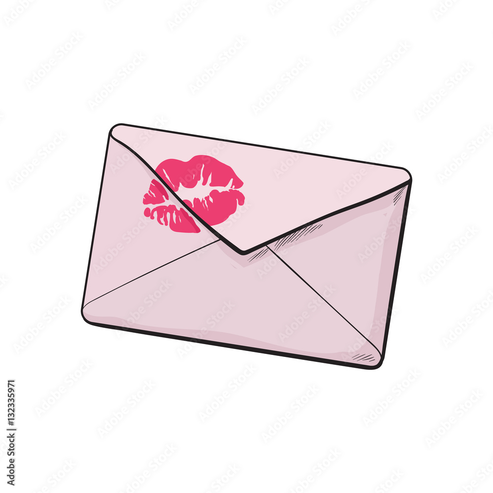 Backside of pink envelope with red lipstick kiss, sketch vector ...