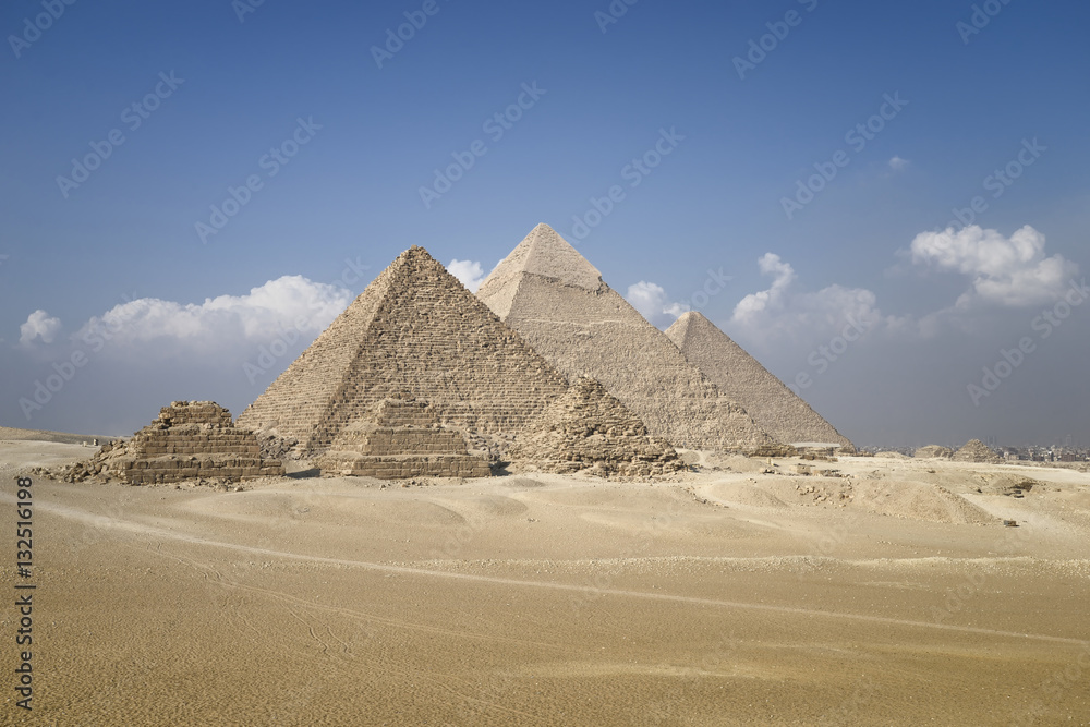 Panoramic view of pyramids from the Giza Plateau (three pyramids known ...