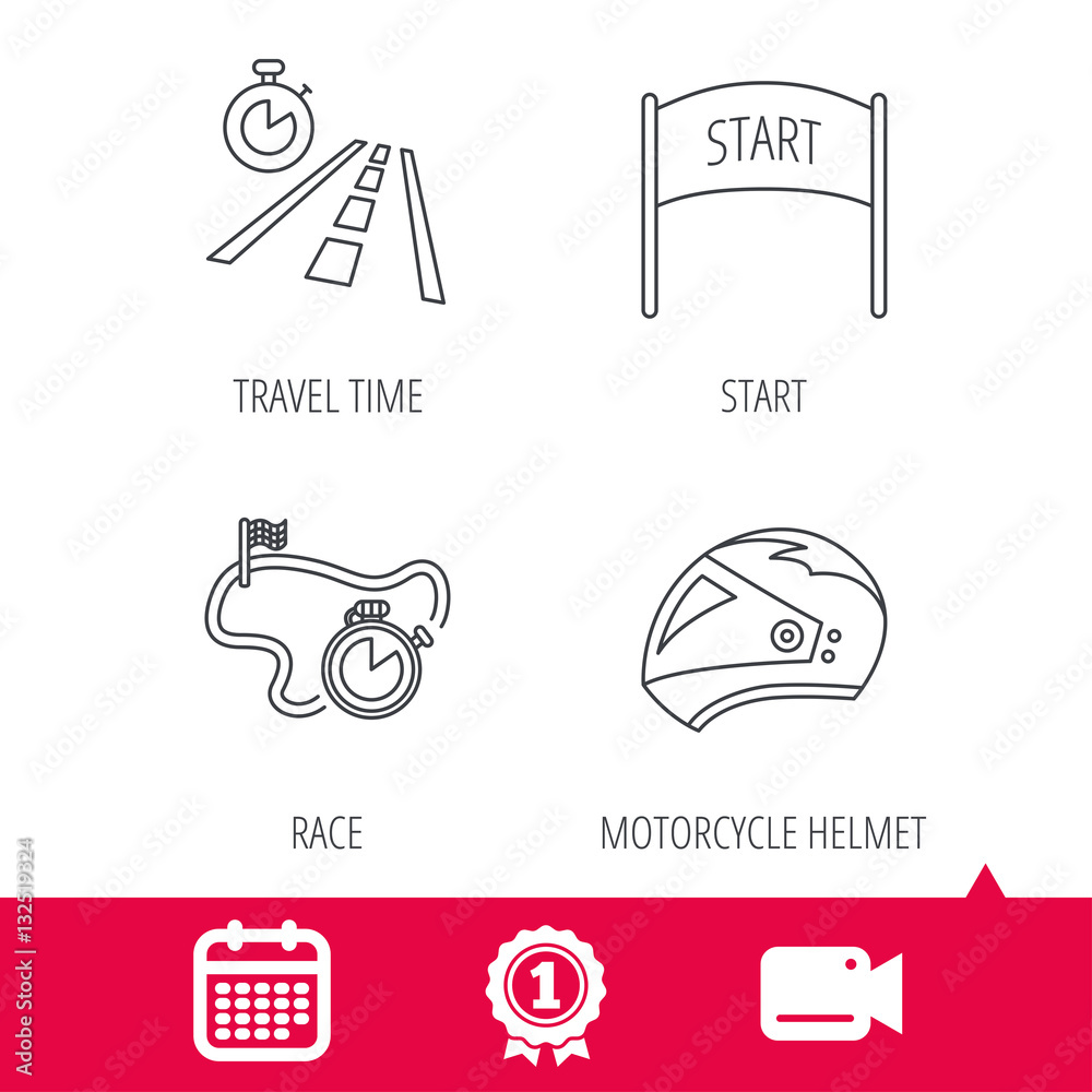 Achievement and video cam signs. Motorcycle helmet, race timer and ...