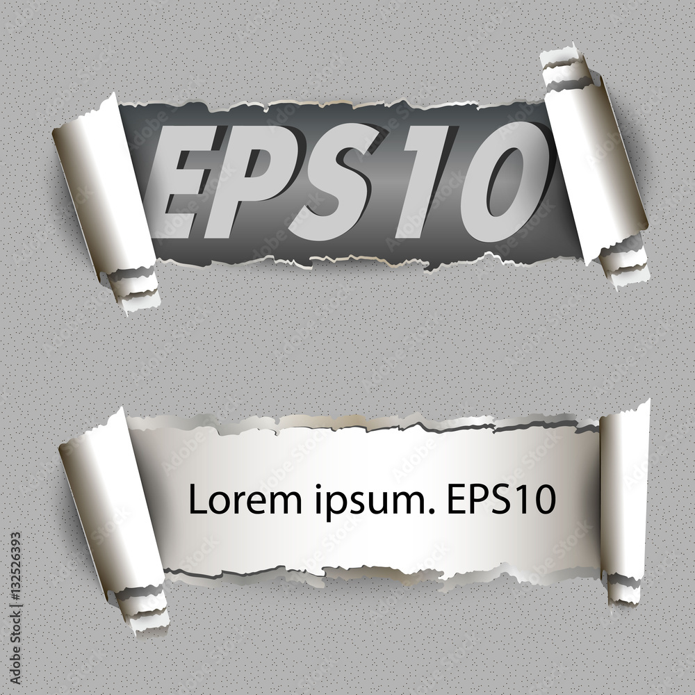 Set of holes in grey paper with torn sides over dark paper background ...