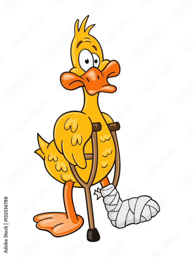 Lame duck with pair of crutches. Funny cartoon character Stock Vector ...