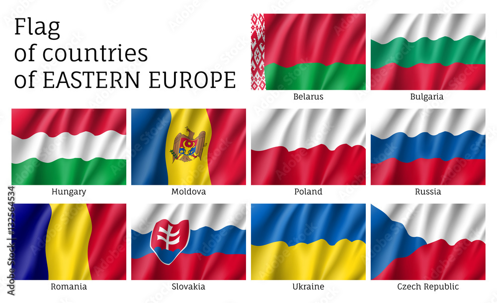Set of vector waving flags of Eastern Europe countries. Ensigns on ...