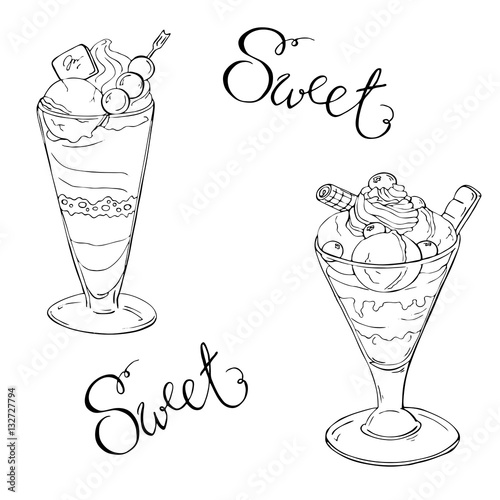 Parfait set sketch with hand lettering. Hand drawn vector illustration ...