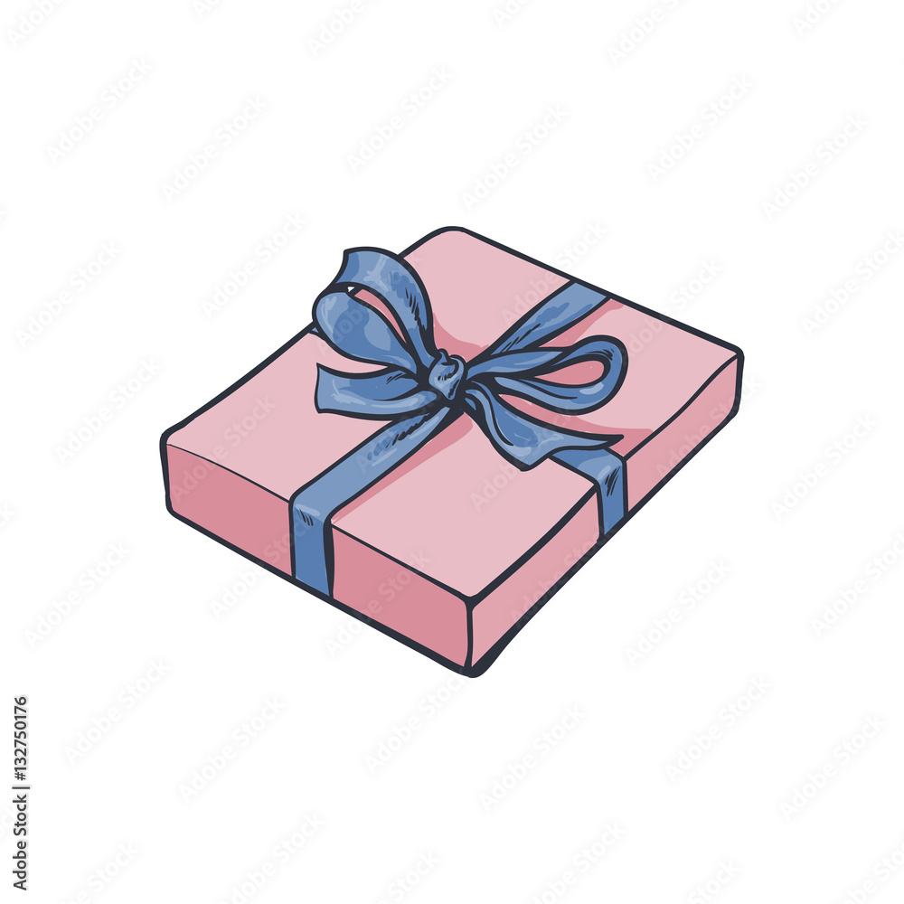 pink hand-drawn rectangular gift box with bow and ribbon, sketch style ...