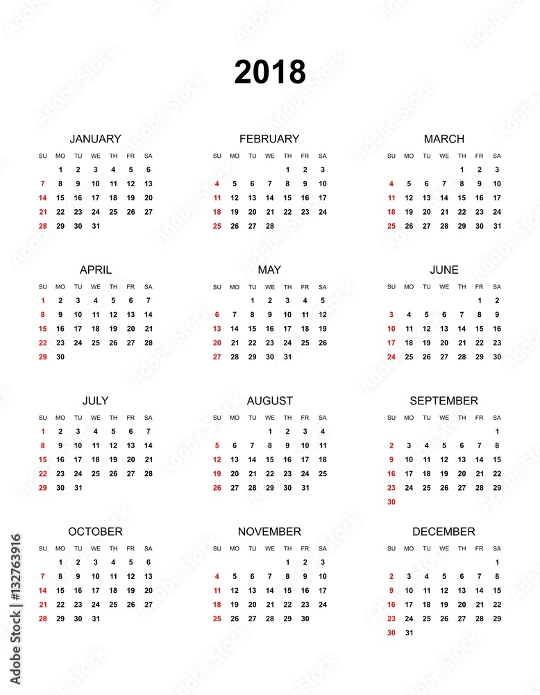Simple color calendar for the year 2018. The names of days and months ...