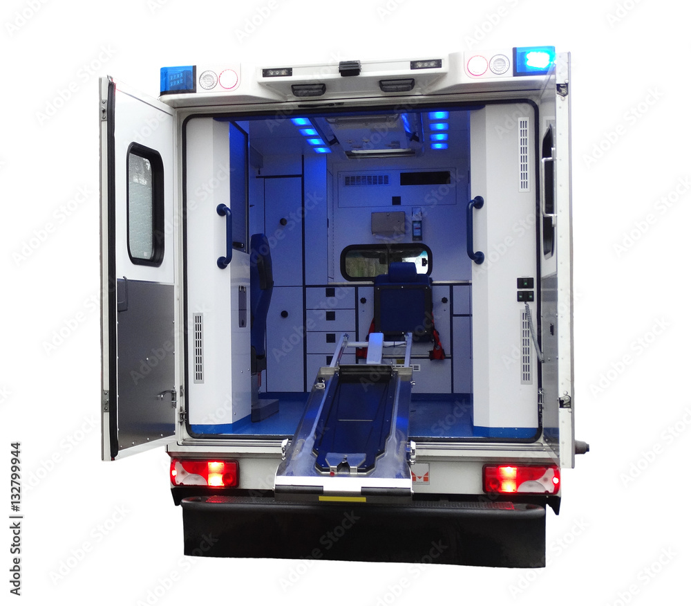Emergency ambulance car with an open door isolated on a white ...