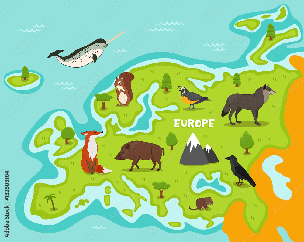 European map with wildlife animals vector illustration. European flora ...