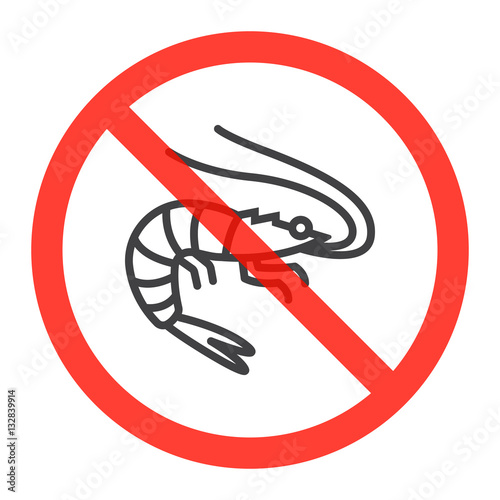 Shrimp line icon in prohibition red circle, No sea food ban sign ...