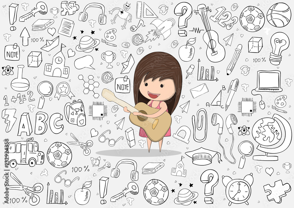 Kid playing guitar against pupils back of school background, dra Stock ...