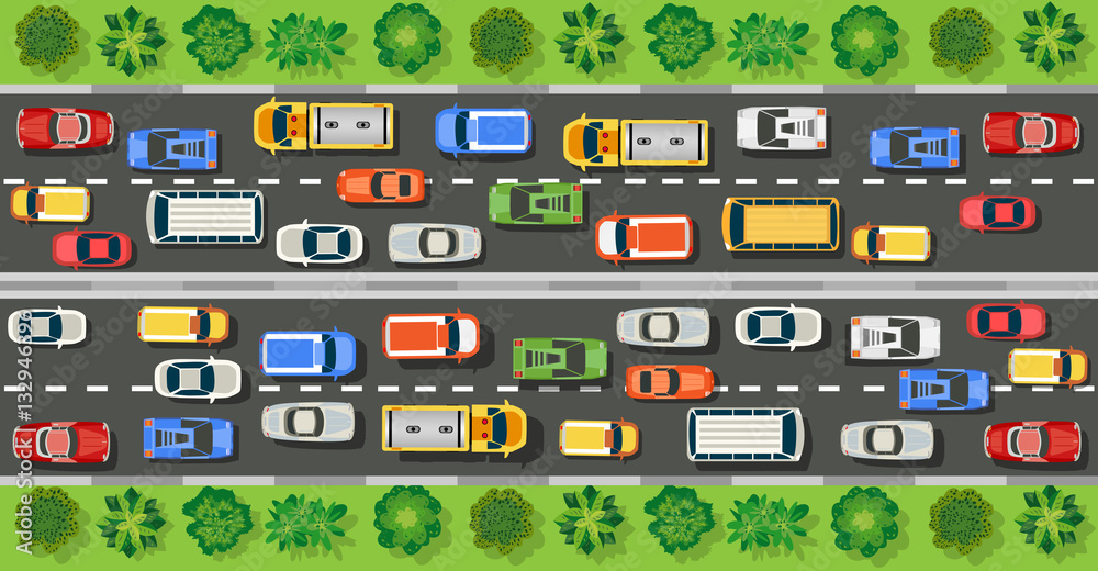 Road top view with highways many different vehicles. Map of cars ...