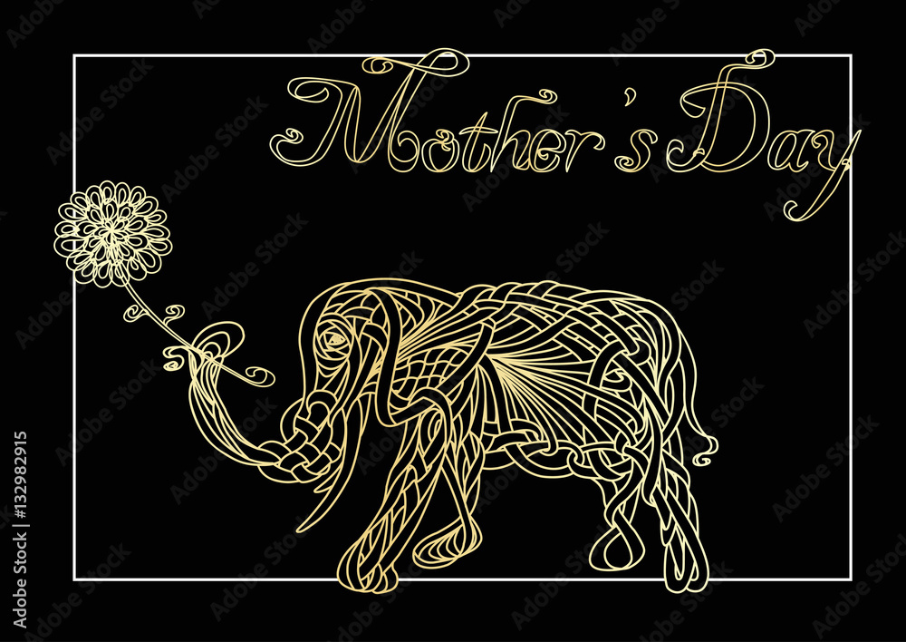Card of Mothers day with elephant side view, gold line on a black ...