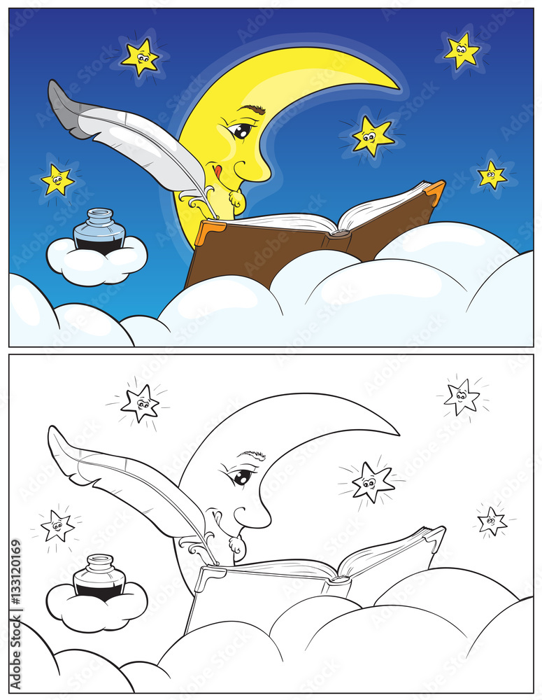Coloring Book Illustration with moon and stars in the night sky. Vector ...