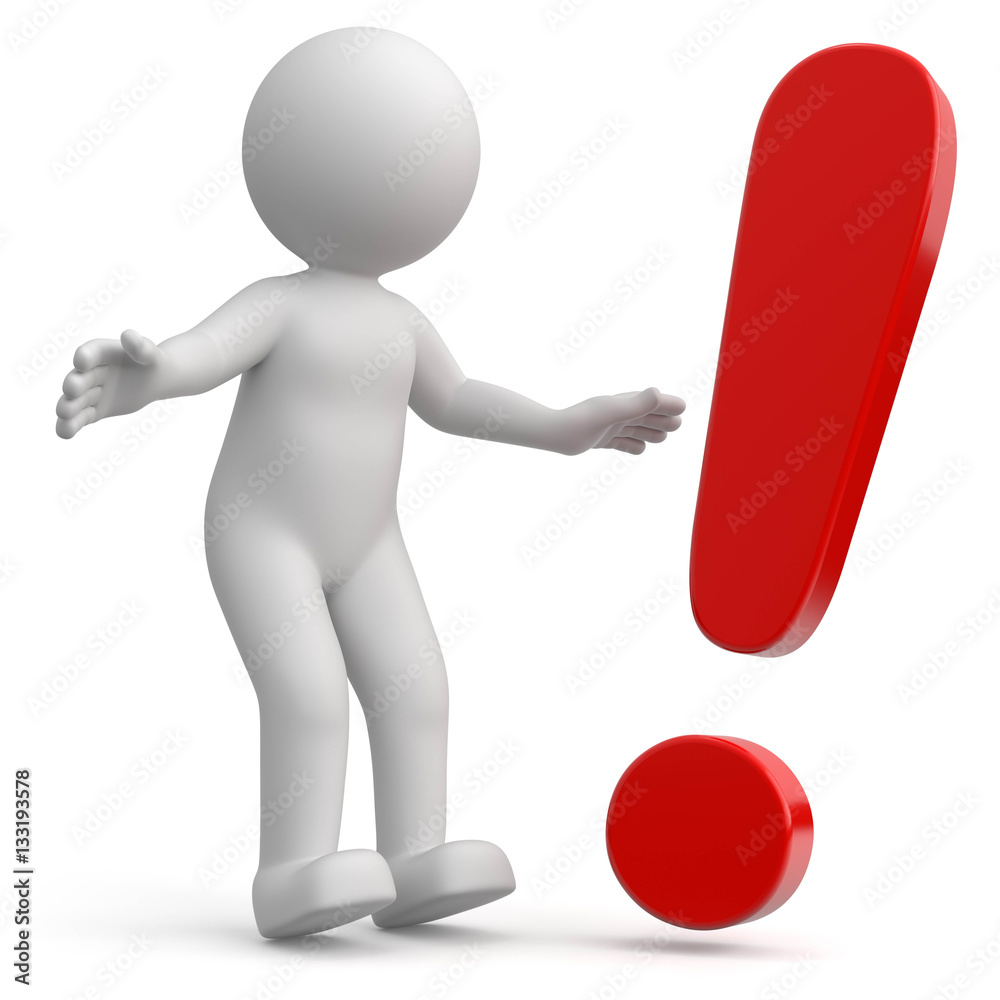 weisses 3d Männchen mit roten Ausrufezeichen als Hinweis und Warnung ...