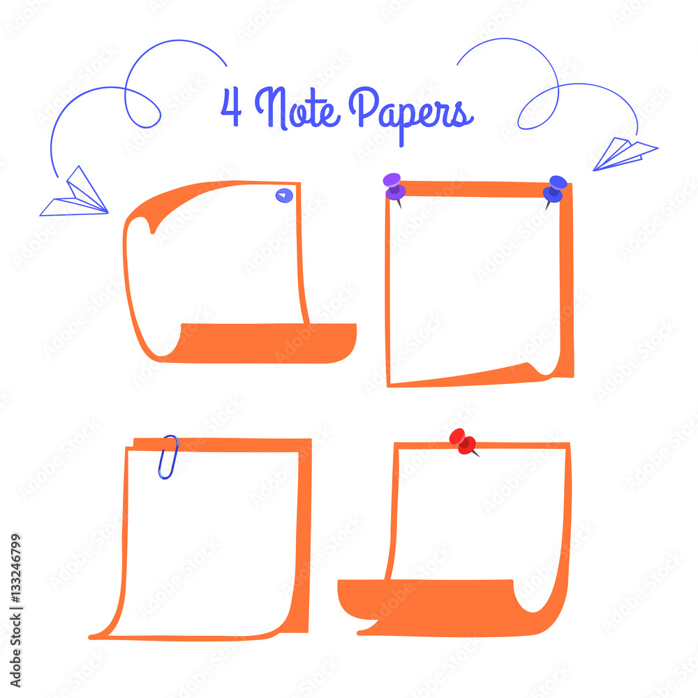 Four pinned note papers in cartoon style, linear memo with curled ...