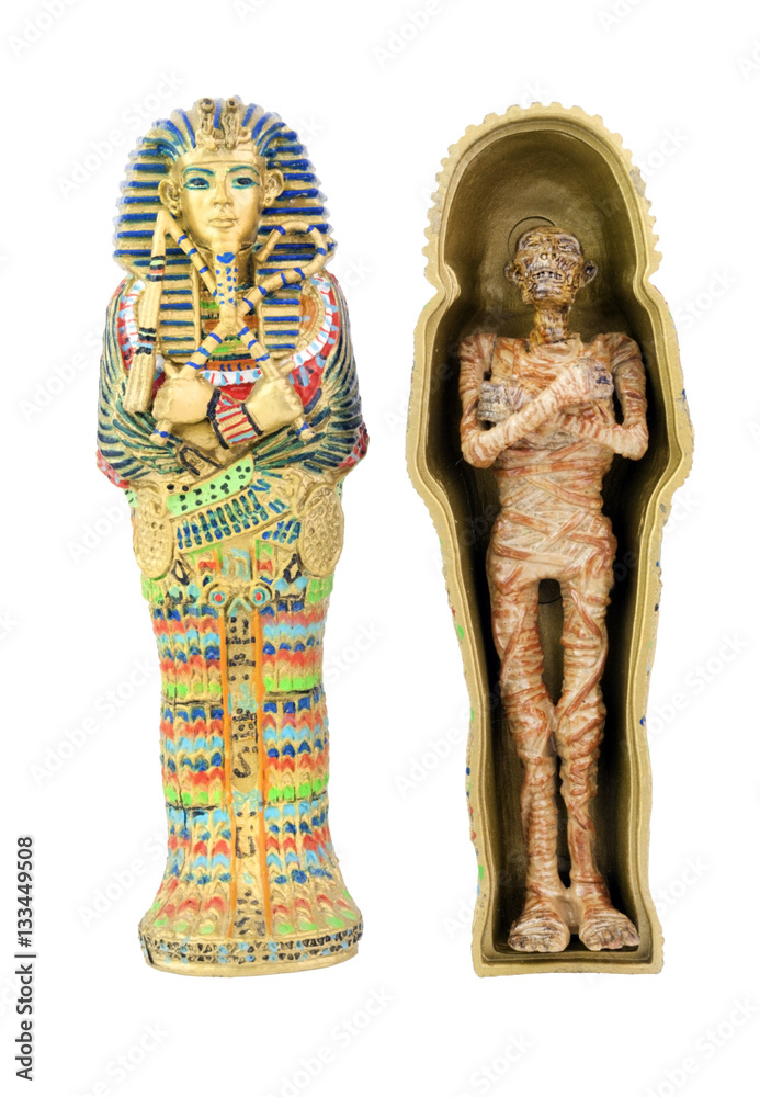 Toy model of Egyptian sarcophagus and mummy. Isolated. Stock Photo ...