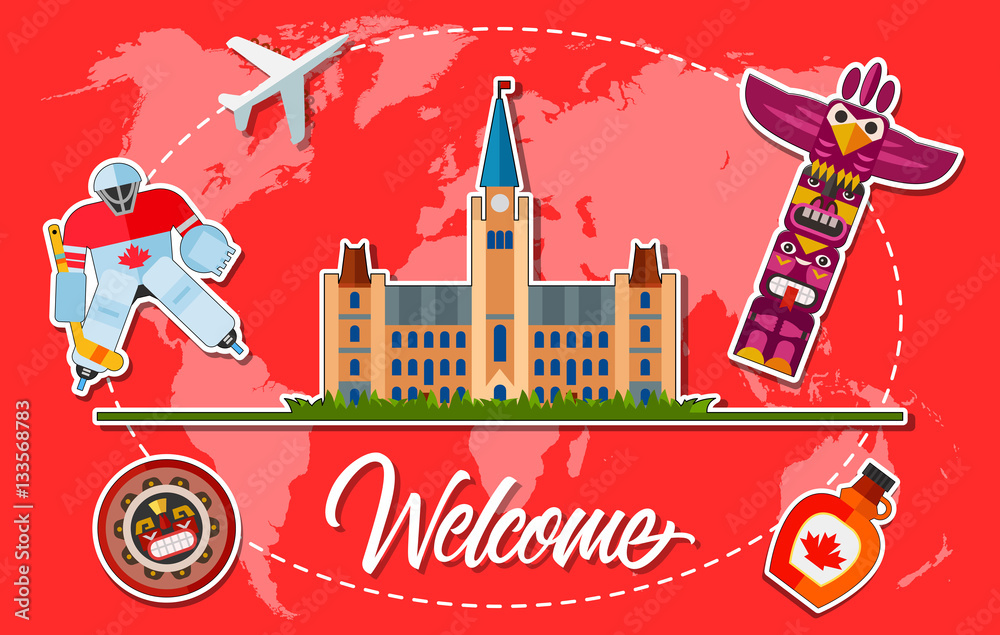 Welcome Lettering with Canadian Symbols Stock Vector | Adobe Stock