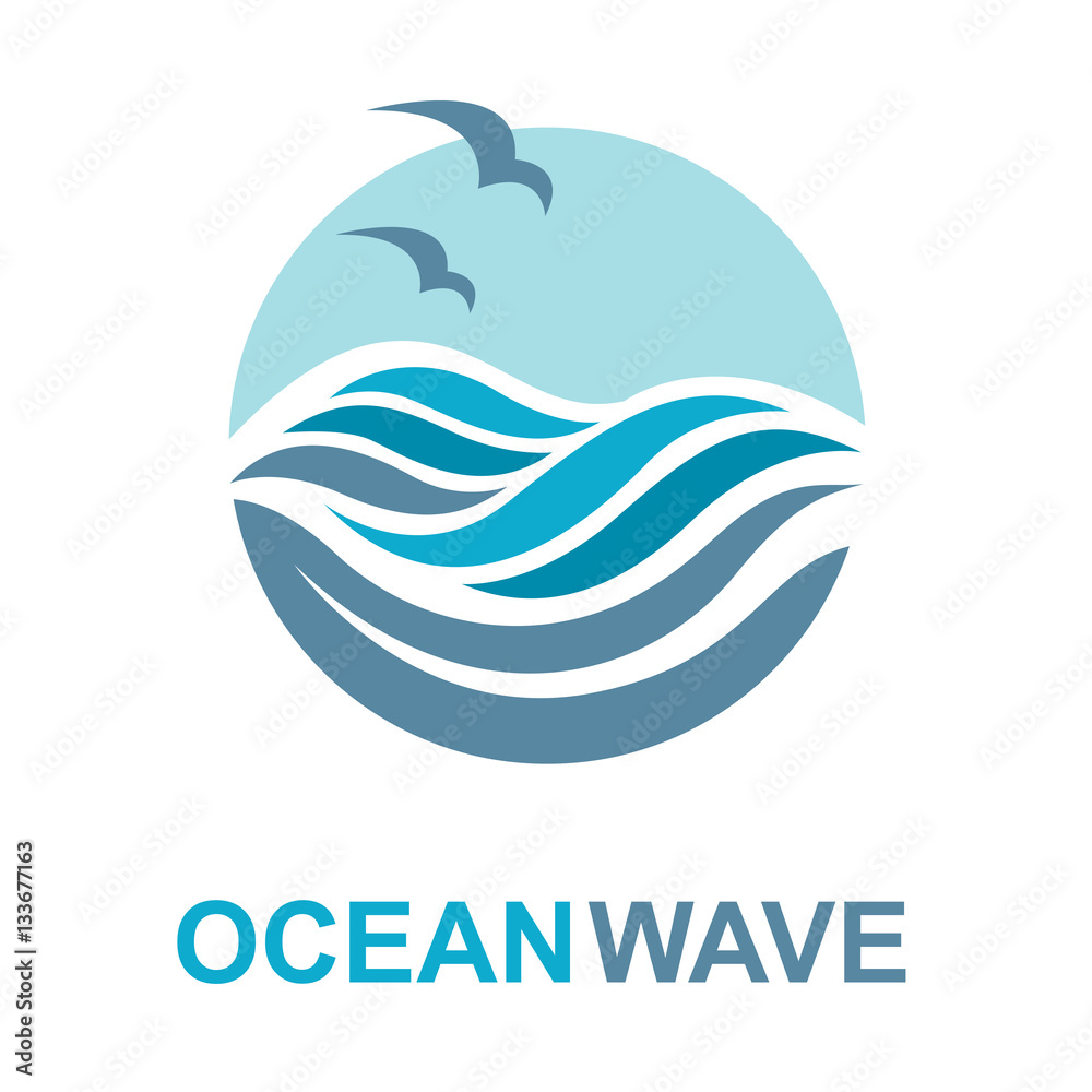Abstract design of ocean logo with waves and seagulls. Vector ...
