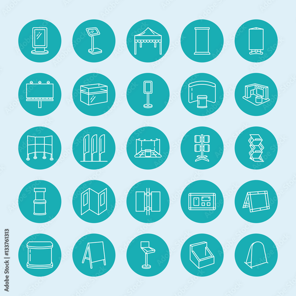 Advertising exhibition banner stands, display line icons. Brochure ...