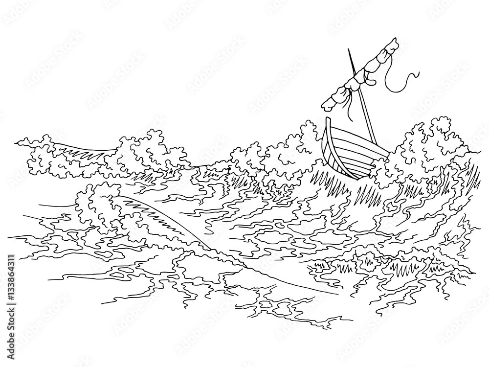 Storm sea boat graphic black white sketch illustration vector Stock ...