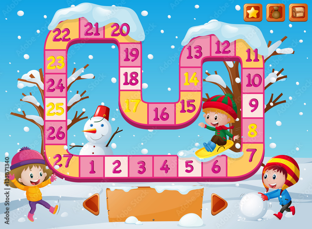 Boardgame template with kids playing in snow Stock Vector | Adobe Stock