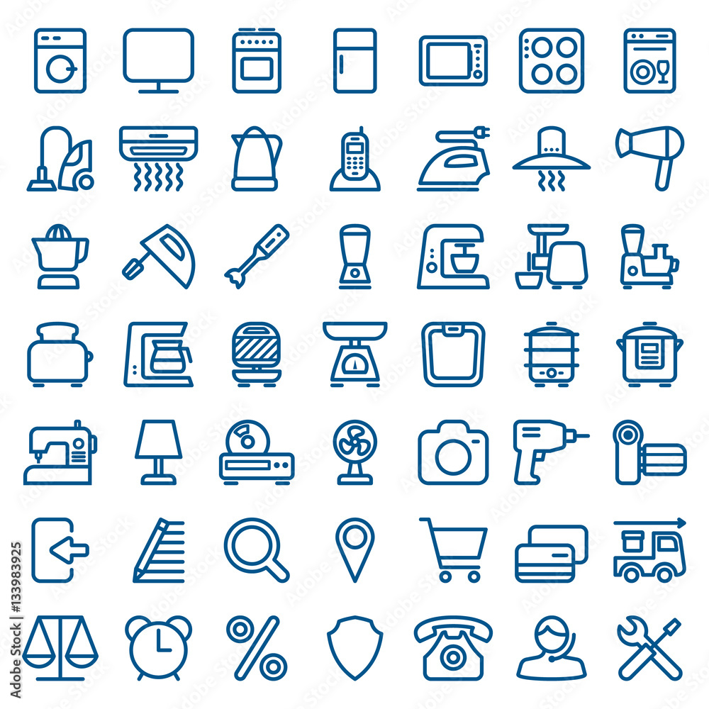 Thin linear icon set of household appliances and electronics. Home ...