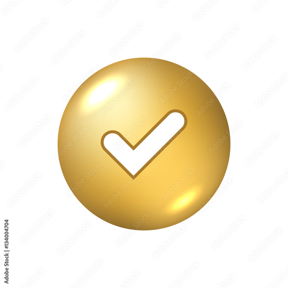 Tick gold sign element. Golden metallic checkmark icon isolated on ...