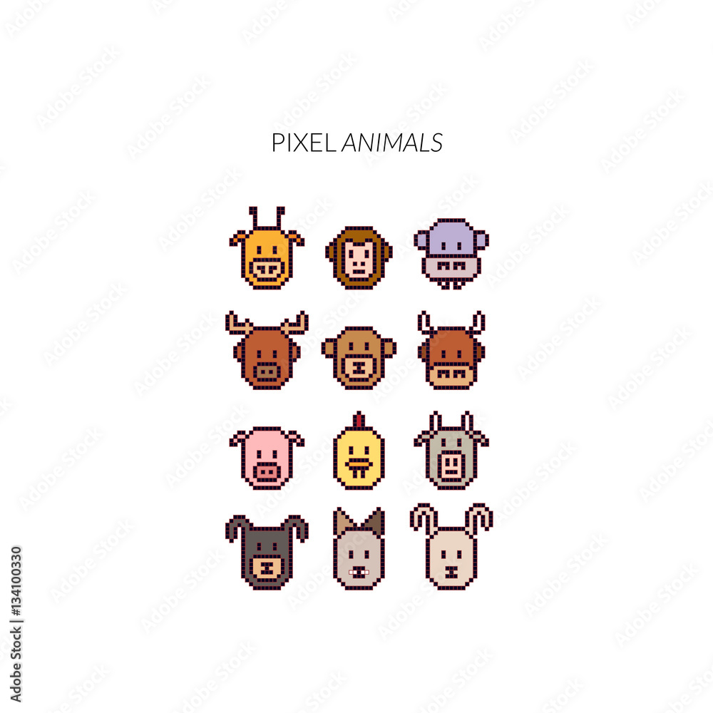Vector animals face icons set. Colorful pixel art design. Stock Vector ...