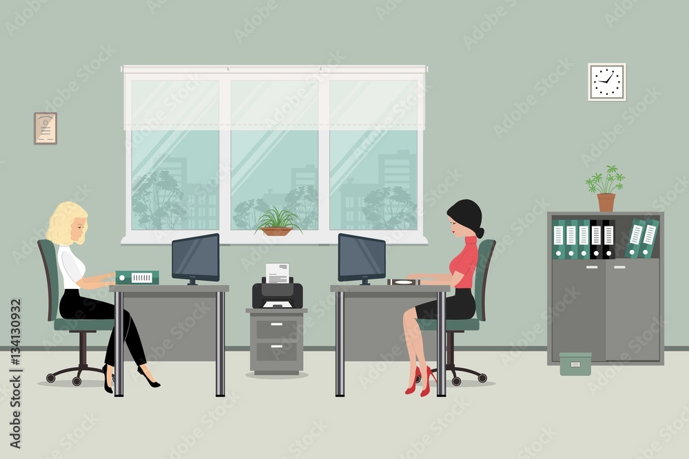 Web banner of two office workers. The young women are an employees at ...