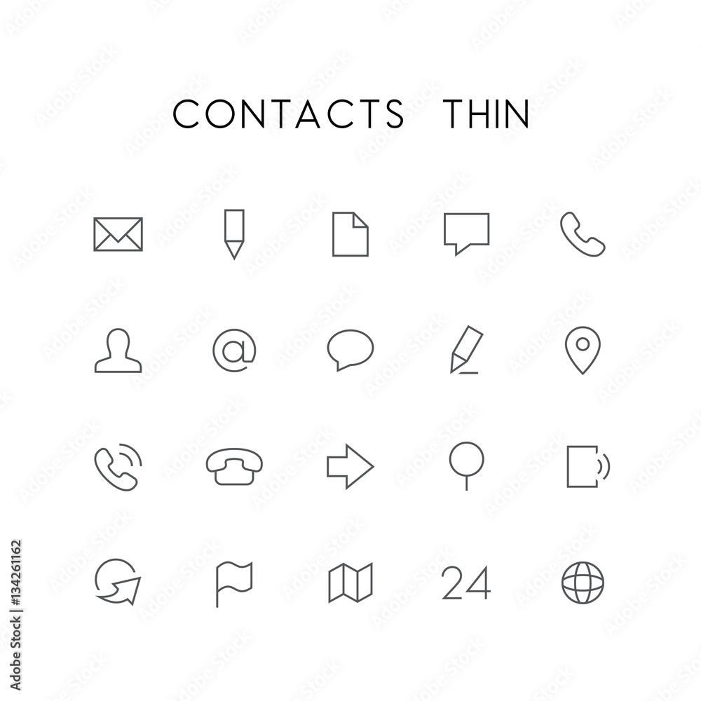 Contacts thin icon set - envelope, pencil, document, phone, chat, mail ...