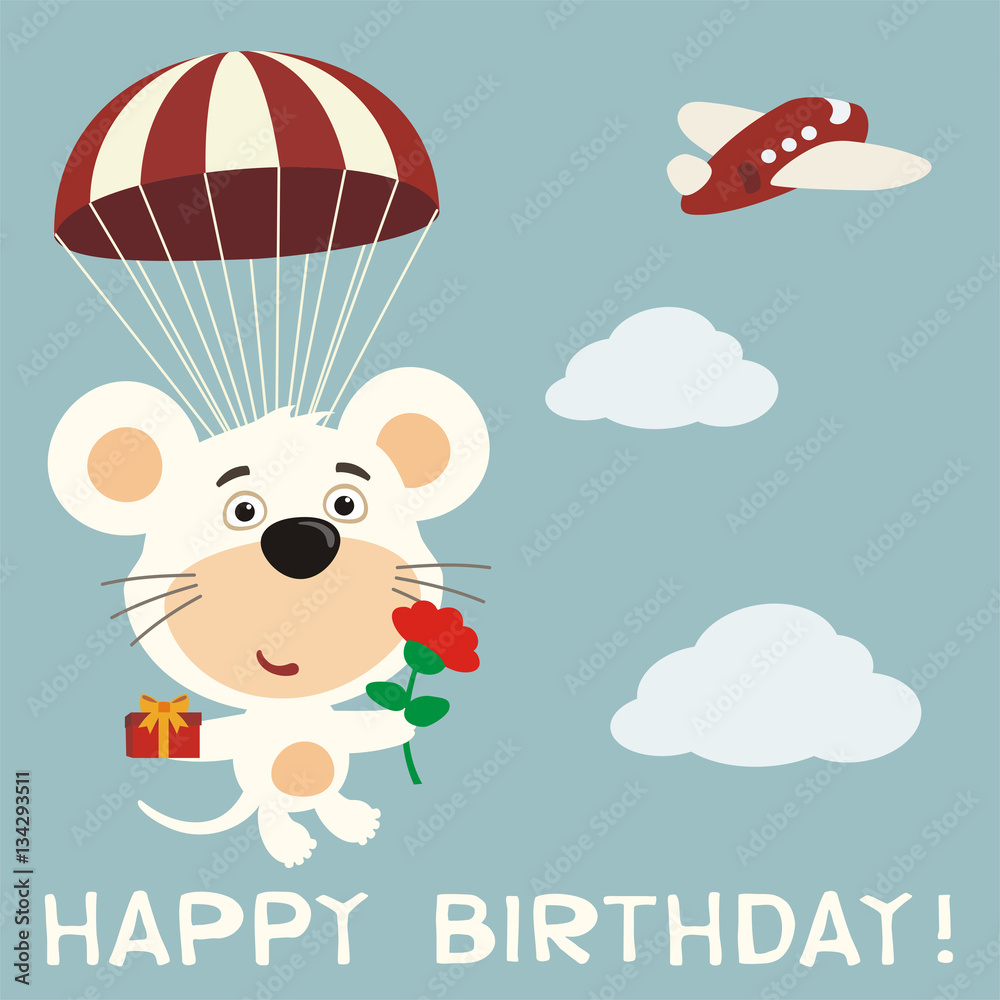 Vector de Stock Happy birthday! Funny mouse flying on parachute with ...