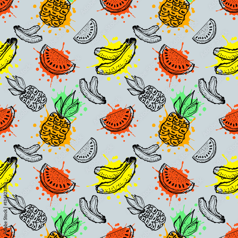 Seamless vector pattern. Hand drawn fruits illustration of banana ...