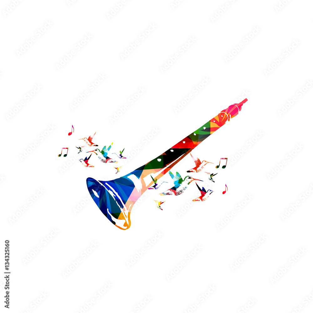 Colorful indian shehnai with music notes and hummingbirds isolated ...