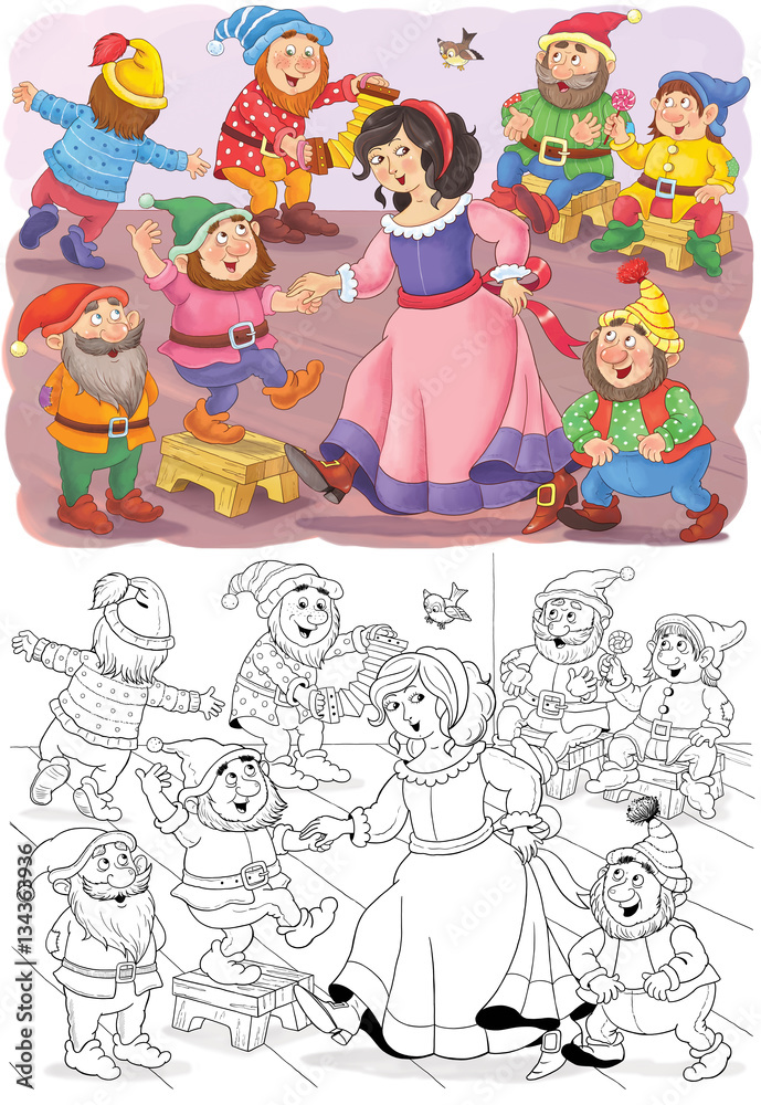 Snow White and the seven dwarfs. Fairy tale. Coloring page ...