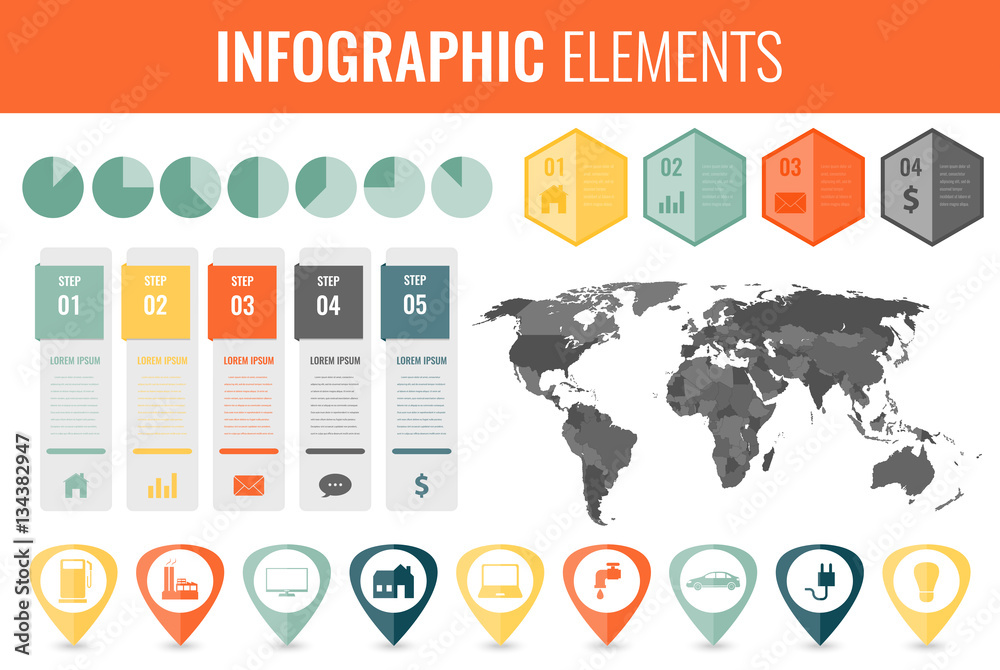 Infographic Elements Set. World map, markers, charts and other elements ...