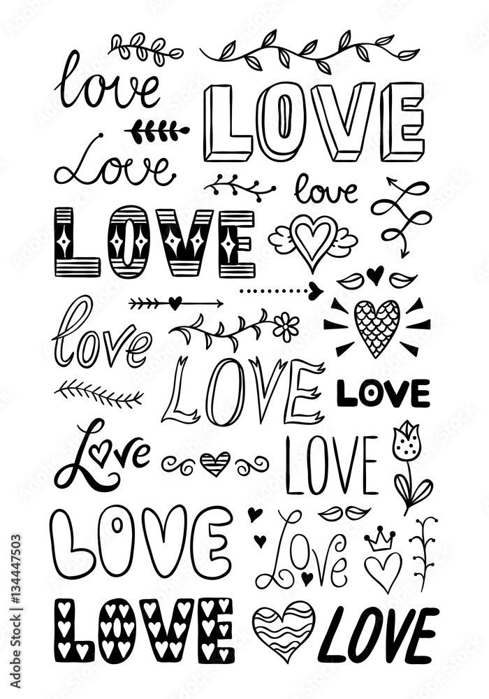 Hand drawn St. Valentine's Day clipart elements with hearts, love words ...