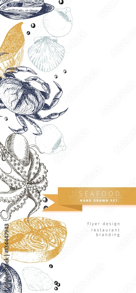 Vector set for seafood restaurant branding. Flyer with border frame and ...