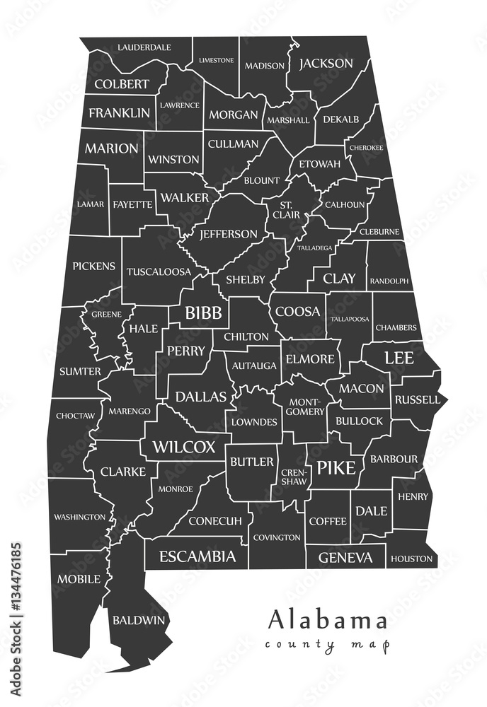 Modern Map - Alabama county map with labels USA illustration Stock ...