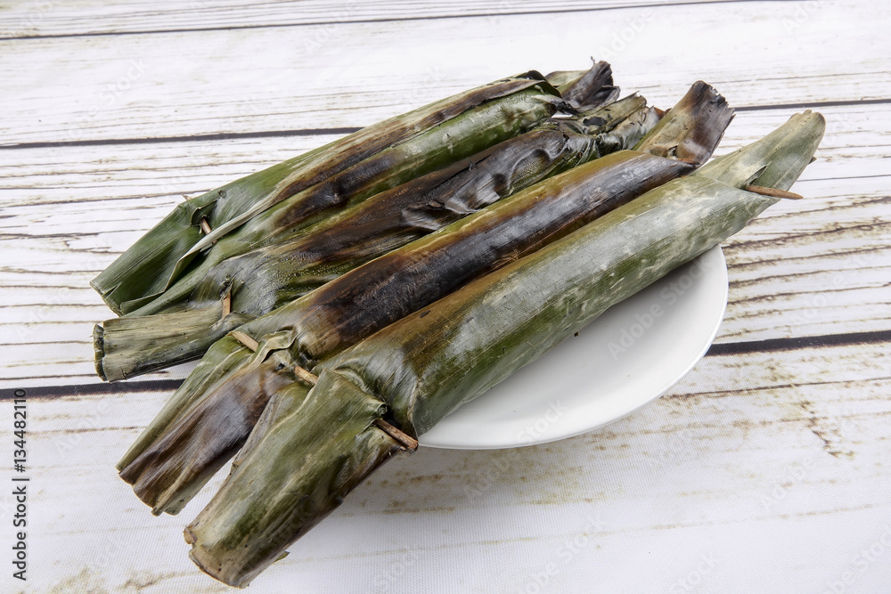 Pulut panggang or grilled glutinous rice package, Malay or Nonya ...