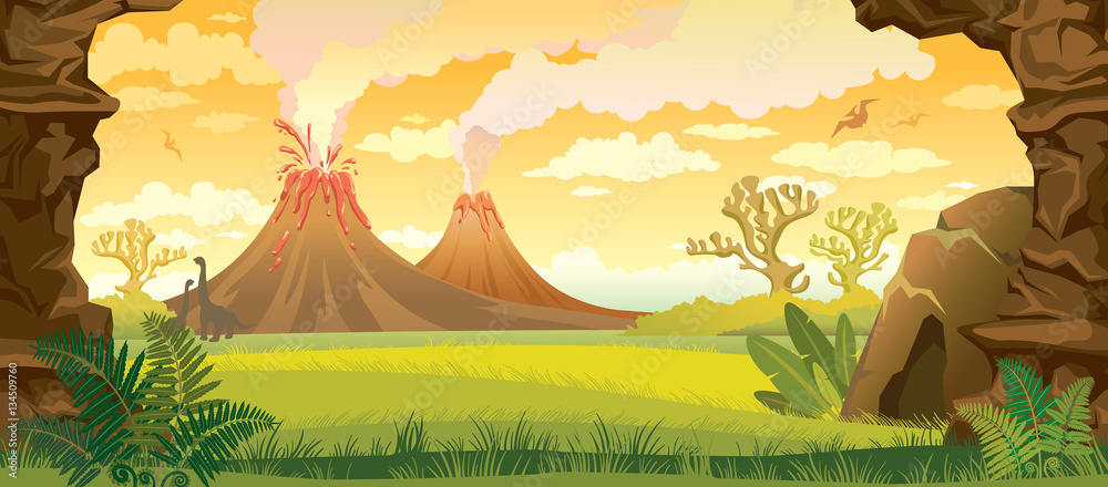 Prehistoric landscape with volcanoes. Stock Vector | Adobe Stock