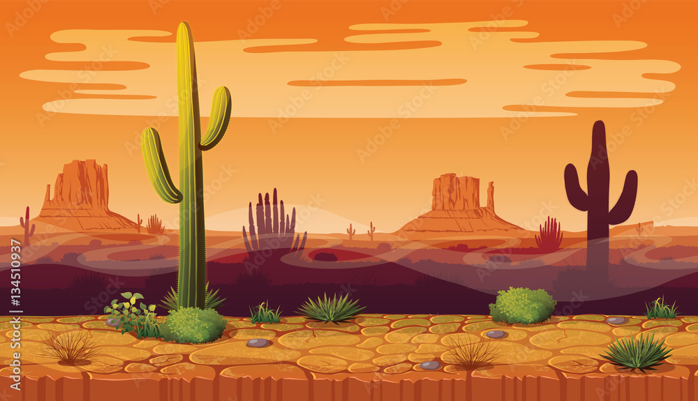 Seamless background of landscape with desert and cactus. Stock Vector ...
